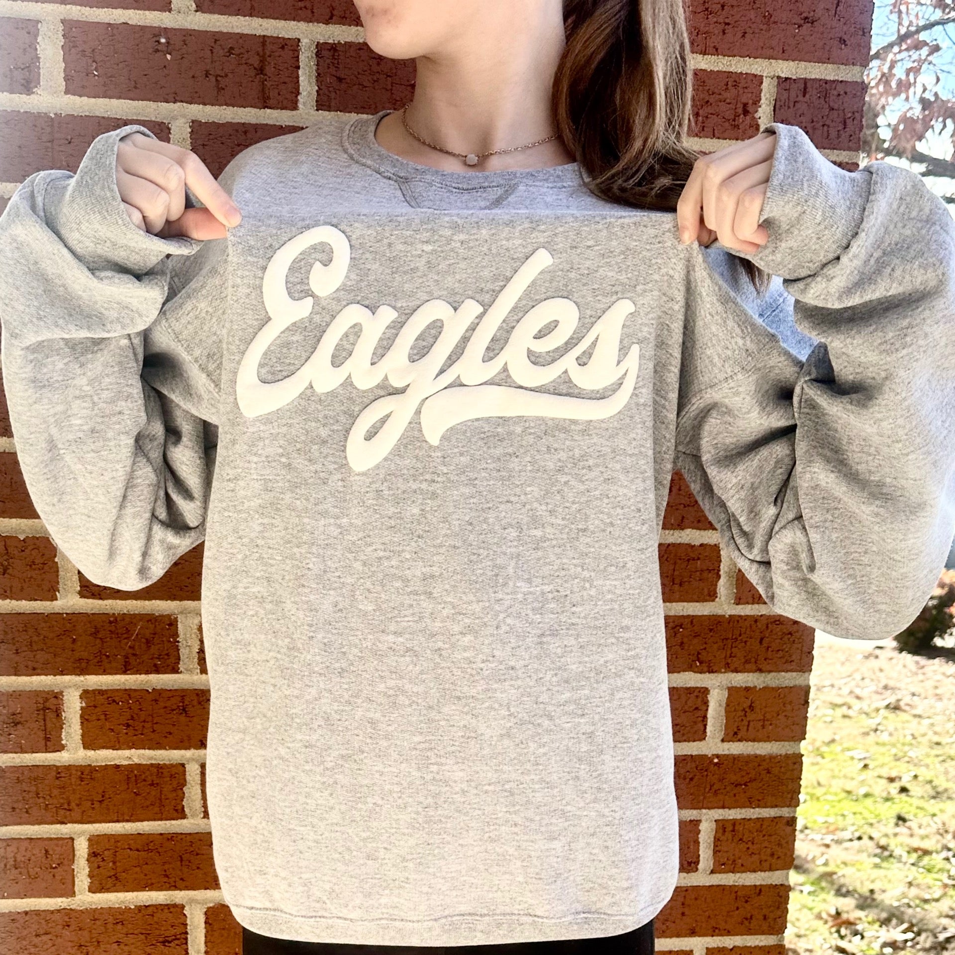 Heather Grey Cursive Eagles Crewneck | Williams Baptist University